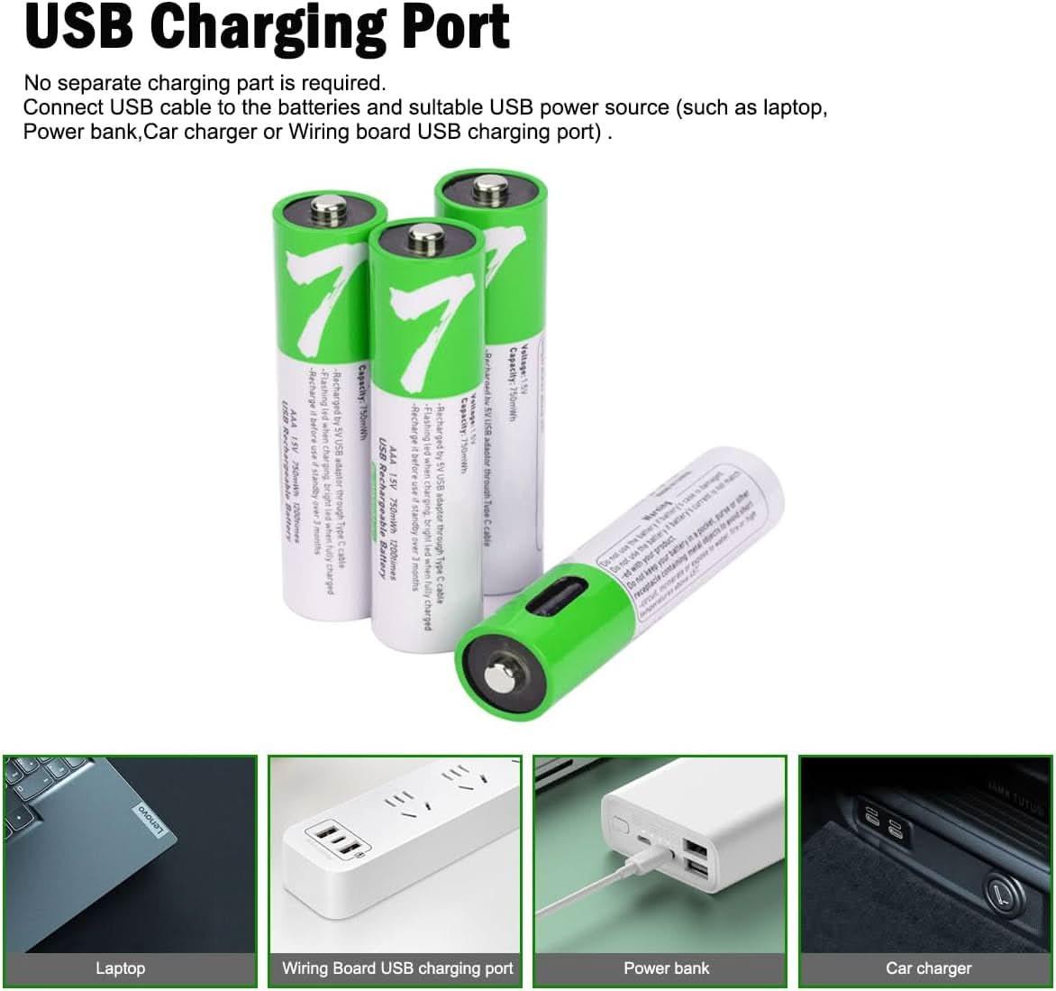 [4 Pack] USB AAA Lithium ion Rechargeable Battery, 1.5V 750mWh Recharg ...