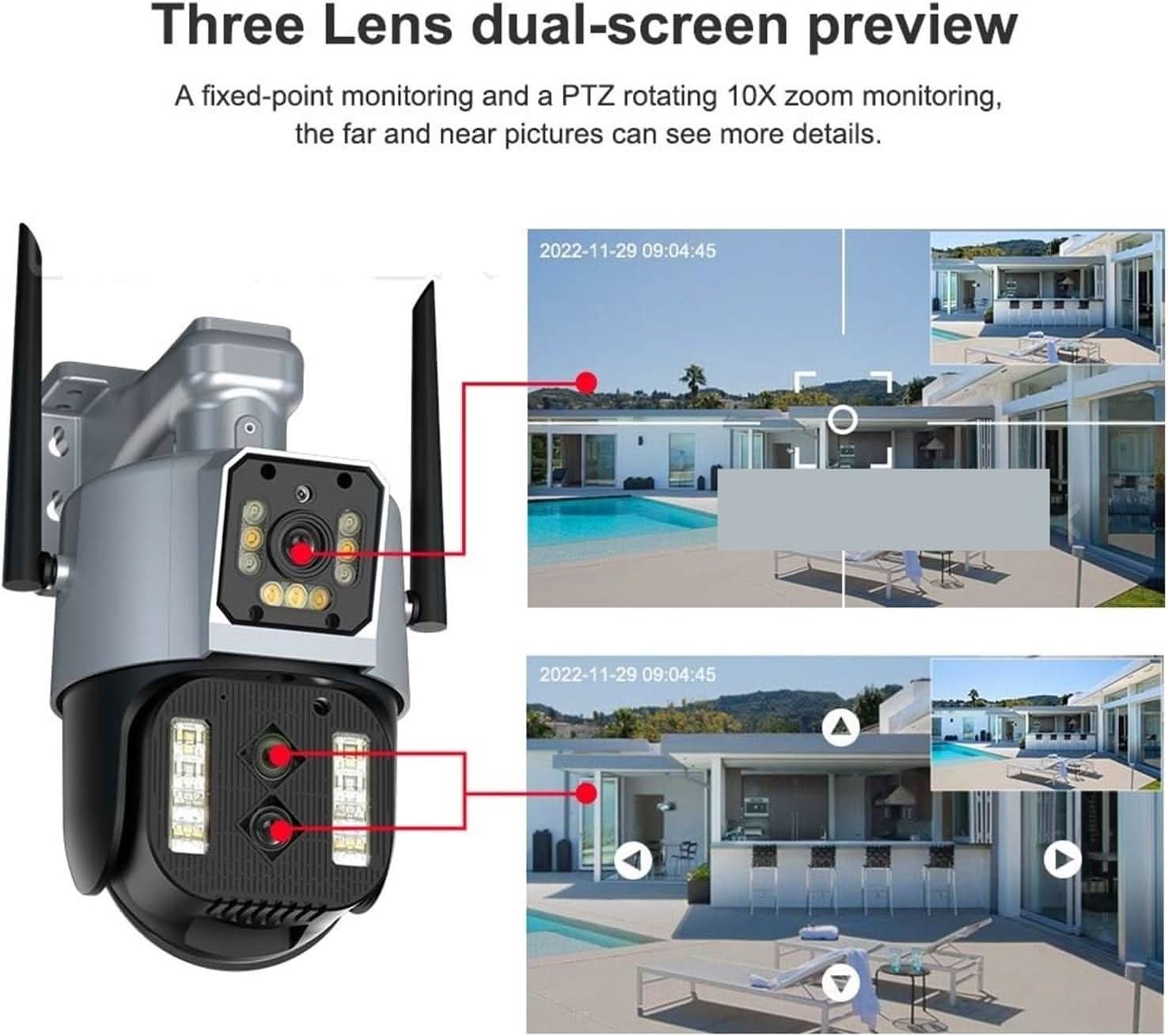 4MP Wifi Camera Three Dual Lens 10X Zoom Security Protection Video Sur ...