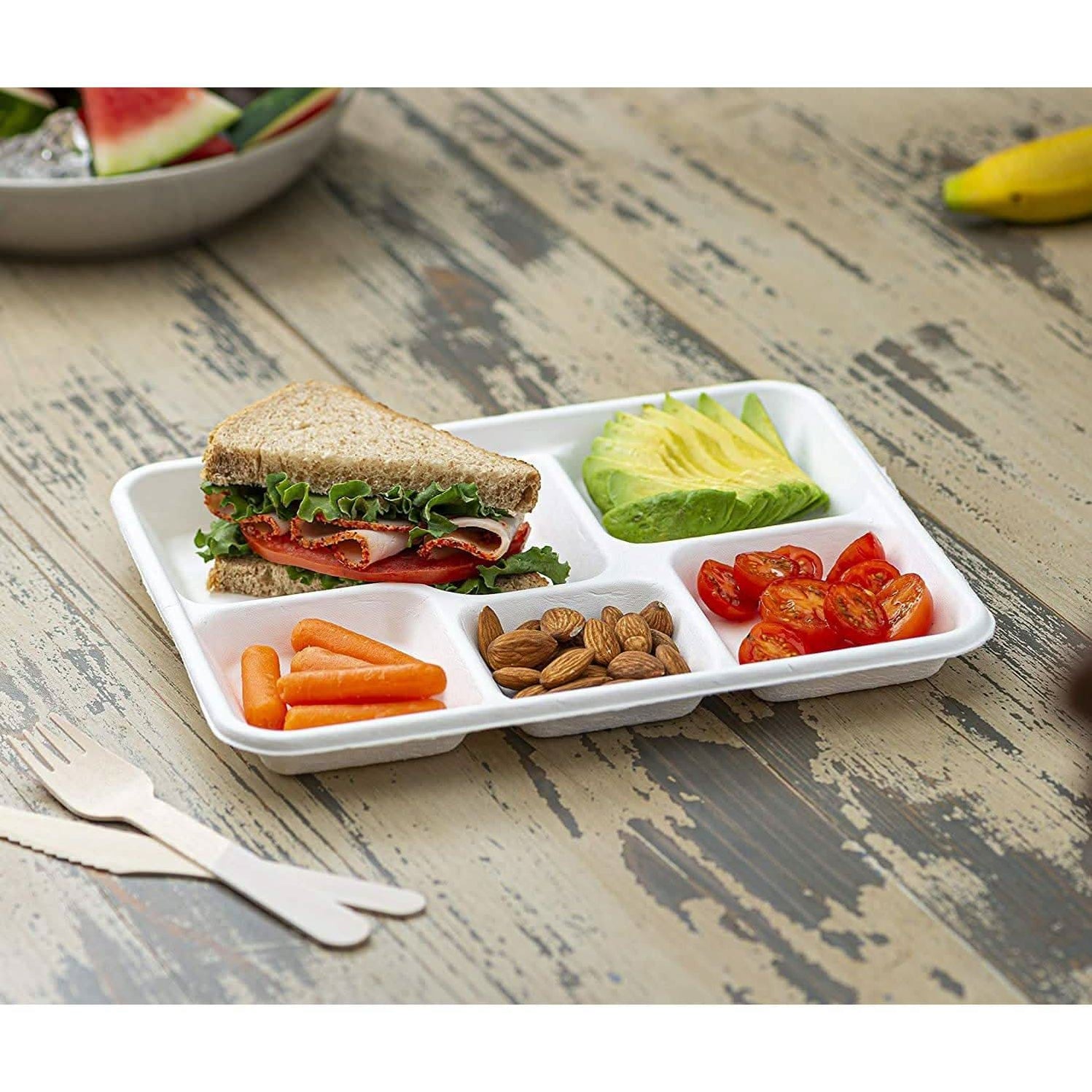 500 Pack |100% Compostable 5 Compartment Plates Eco-Friendly Disposable ...