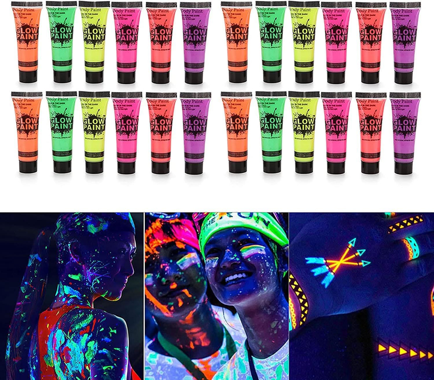 6 Tubes 25ml Art Body Paint Glow inLight Face & Body Paint with 6 ...