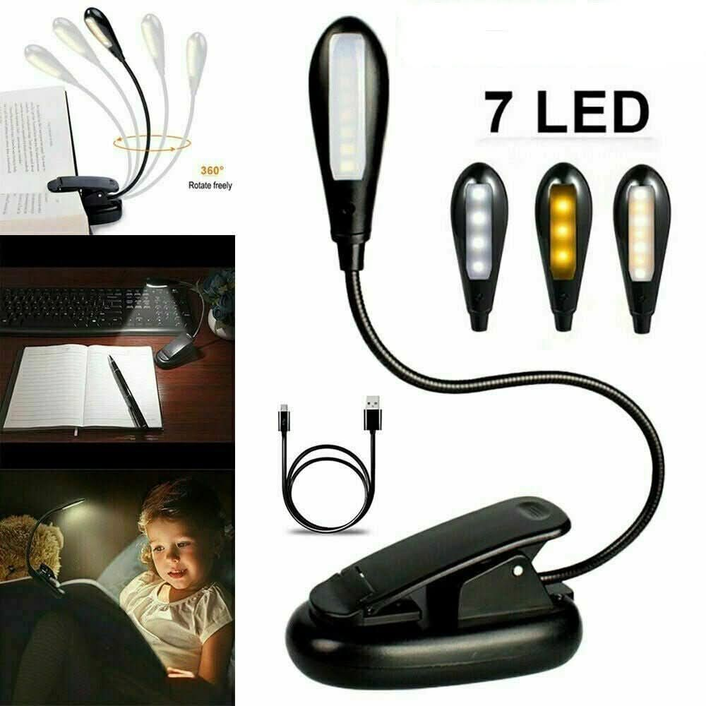 7 LED Reading Light USB Rechargeable Clip On Bed Book Reading Lamp Sta ...