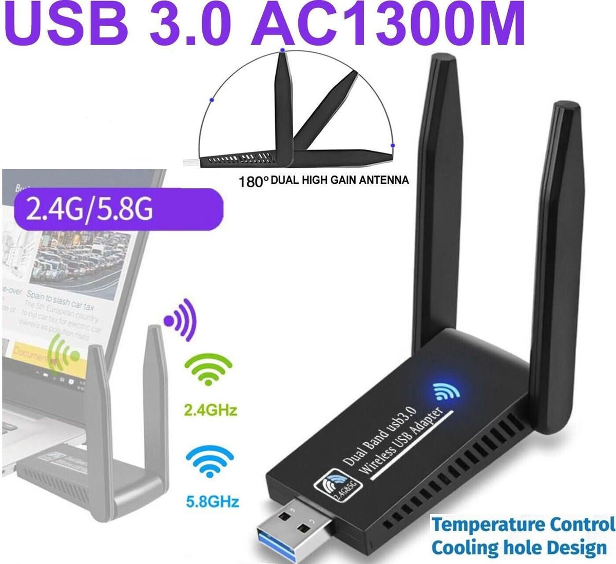 AC1300 USB 3.0 WiFi Wireless Adapter Dongle 802.11ac 5GHz Dual Band 11 ...