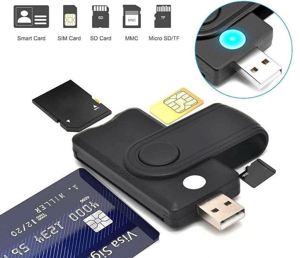 USB Smart Card Reader SD/TF/CAC/DOD/HC/MMC Micro SD Memory ID Bank Sim ...